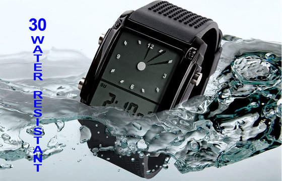 EL Backlight LCD Analogue Watch 30M Waterproof Black Alloy Case