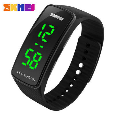 SKMEI Black Silicone Strap LED Digital Wrist Watch Green Light Display