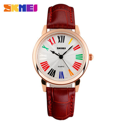Red Genuine Leather Strap Womens Quartz Watches Urban Trend Waterproof