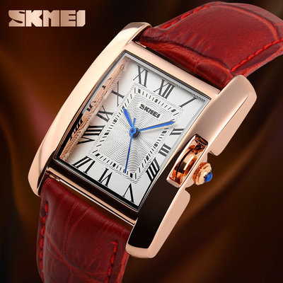 Rose Golden Womens Quartz Watches Modern With Red Genuine Leather
