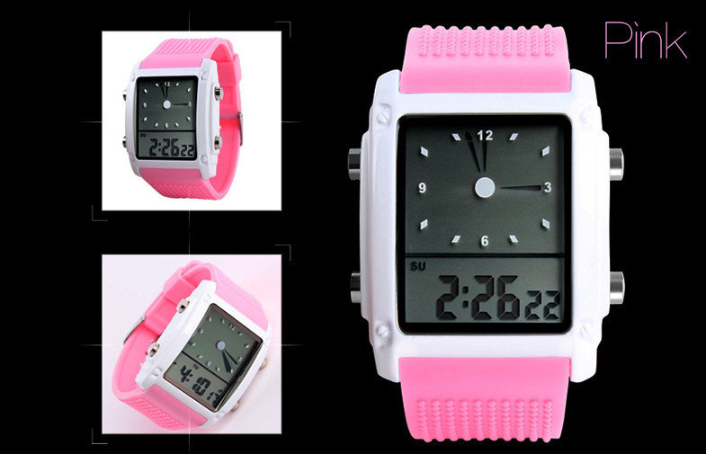 Water Resistant LCD Analogue Watch Dual Time Unisex Wristwatch