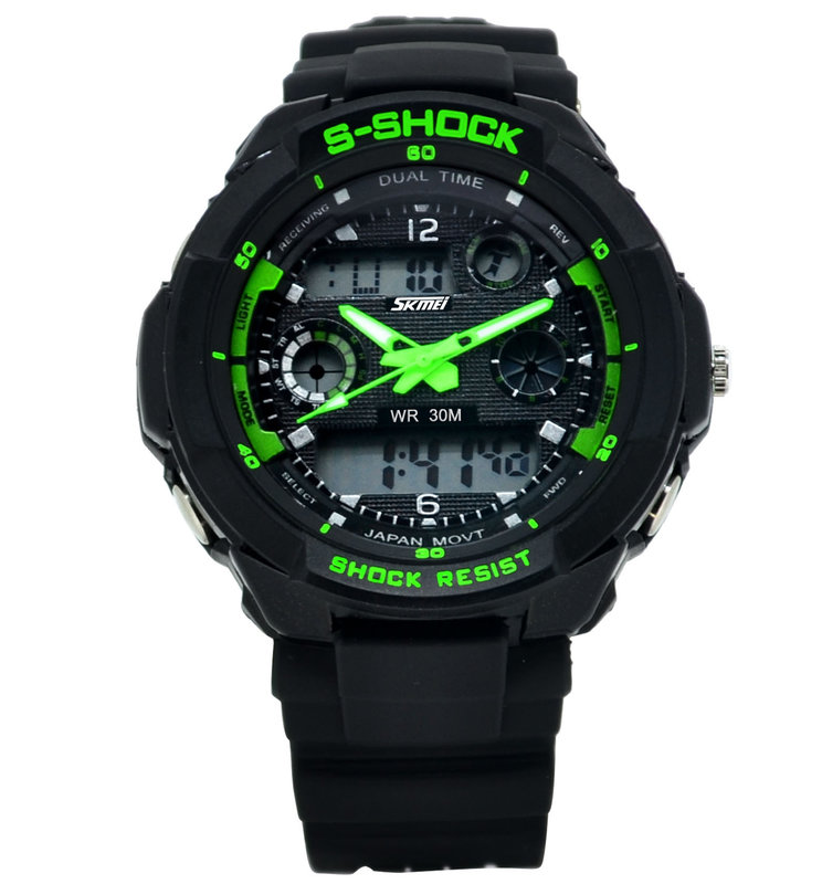 Multi Functional LCD EL Backlight Watch Dual Time Plastic Analog Digital Watch