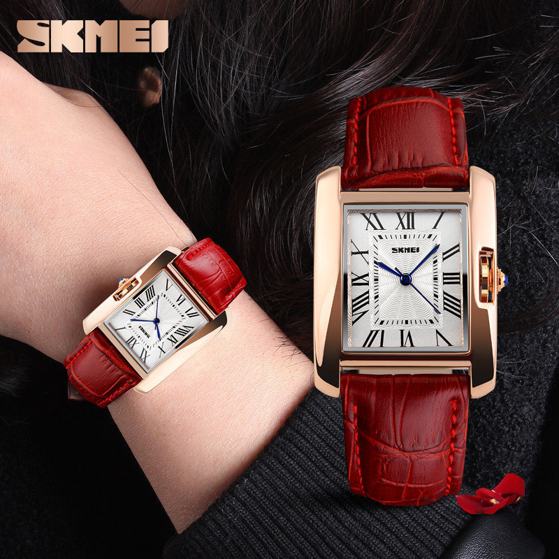 Rose Golden Womens Quartz Watches Modern With Red Genuine Leather
