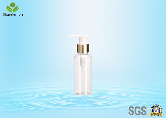 100ML Clear Cylindrical PET Cosmetic Lotion Bottle with Golden Treatment Pump