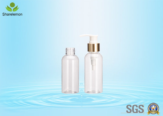 100ML Clear Cylindrical PET Cosmetic Lotion Bottle with Golden Treatment Pump