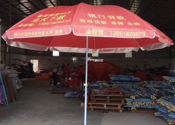 Steel Frame Red Outdoor Beach Umbrella Foldable With White Ink Printing