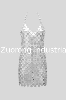Factory custom sequin chain disc mini dress, Mirror-effect chainmail mini dress, Big sequins dress
